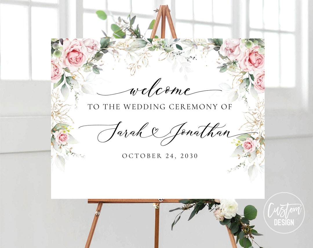 Custom Design, Blush Pink Roses Wedding Ceremony Welcome Sign, We're so ...