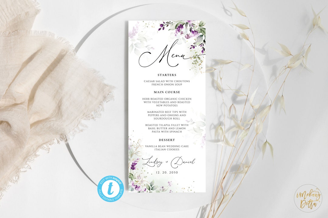Greenery Purple Menu Card Template, Green Lavender Wedding Menu ...