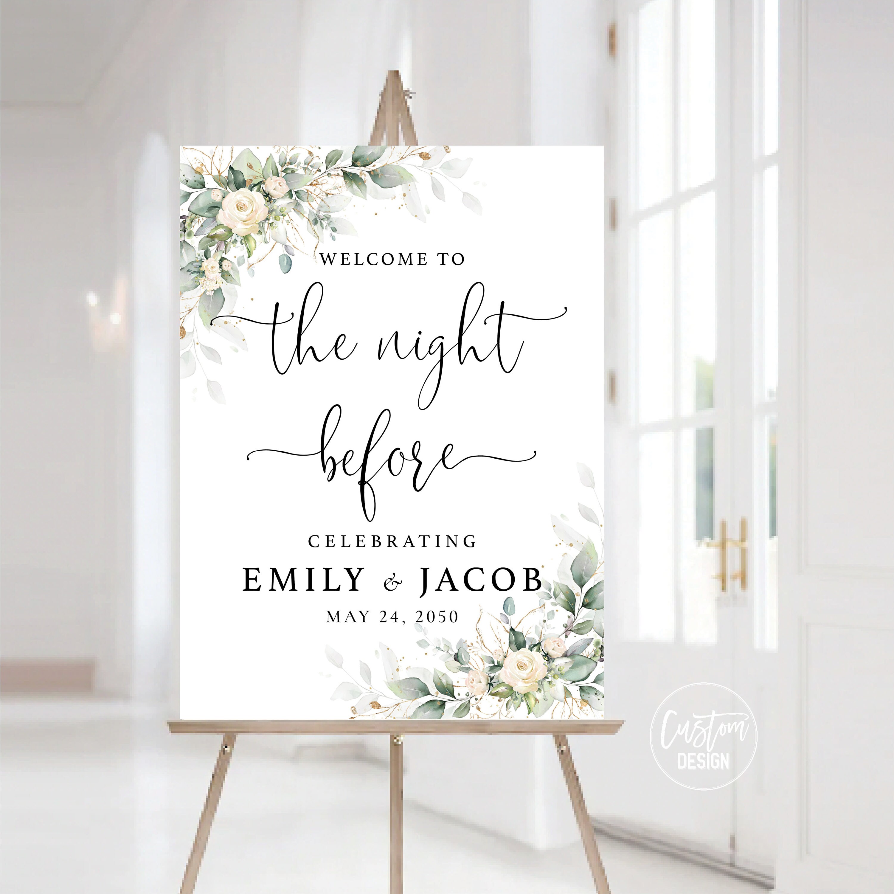 Custom Design, White Roses Rehearsal Dinner Welcome Sign, the Night ...