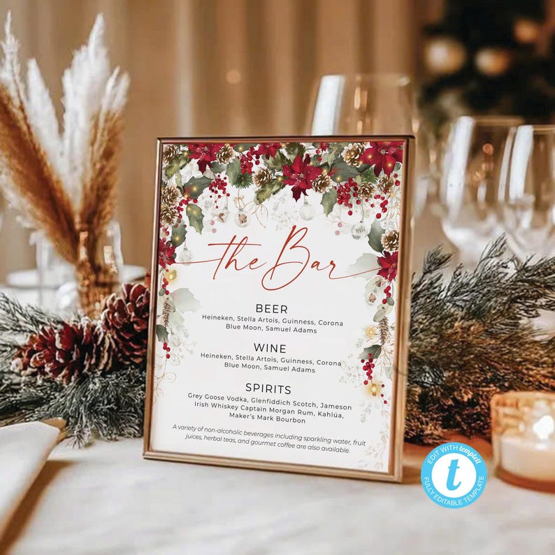 Poinsettia Christmas Bar Sign Template: Editable Holiday Wedding Drinks ...