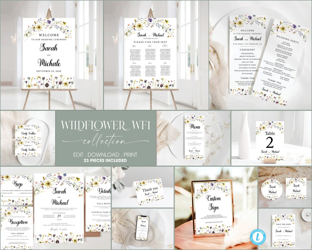 Wildflower Wedding Stationery Mega Bundle, Boho Tiny Floral, Editable ...