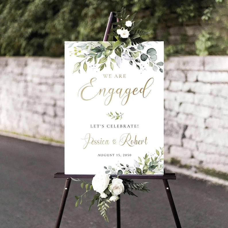 Greenery Engagement Party Welcome Sign, Botanical We Are Engaged Poster ...