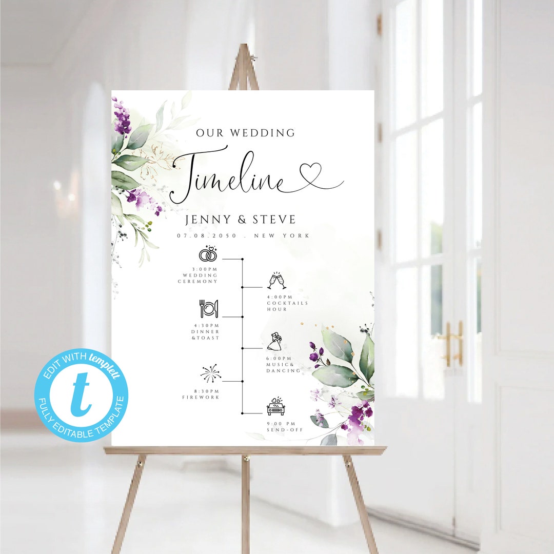 Greenery Purple Order of Events Sign Template, Green Lavender Wedding ...