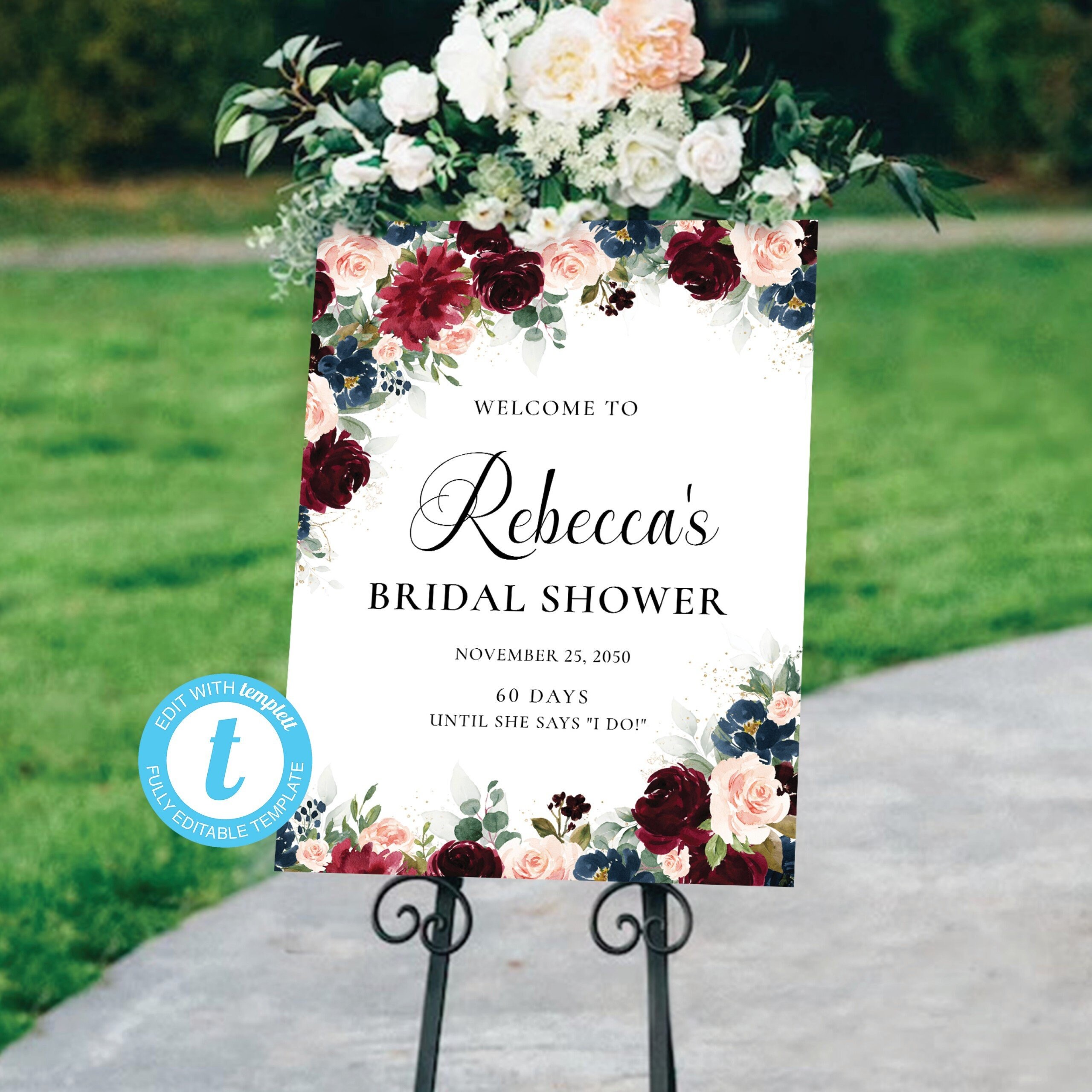 Burgundy and Navy Bridal Shower Welcome Sign Template, Bridal Brunch ...