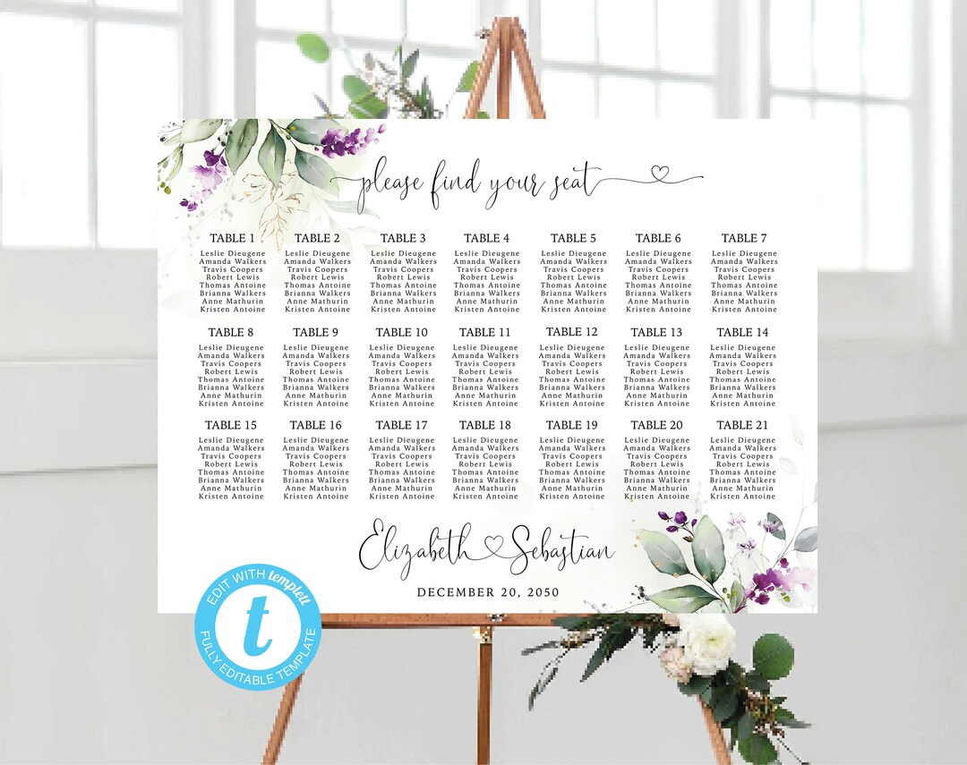 Green Lavender Wedding Seating Chart Welcome Sign Template, Greenery ...