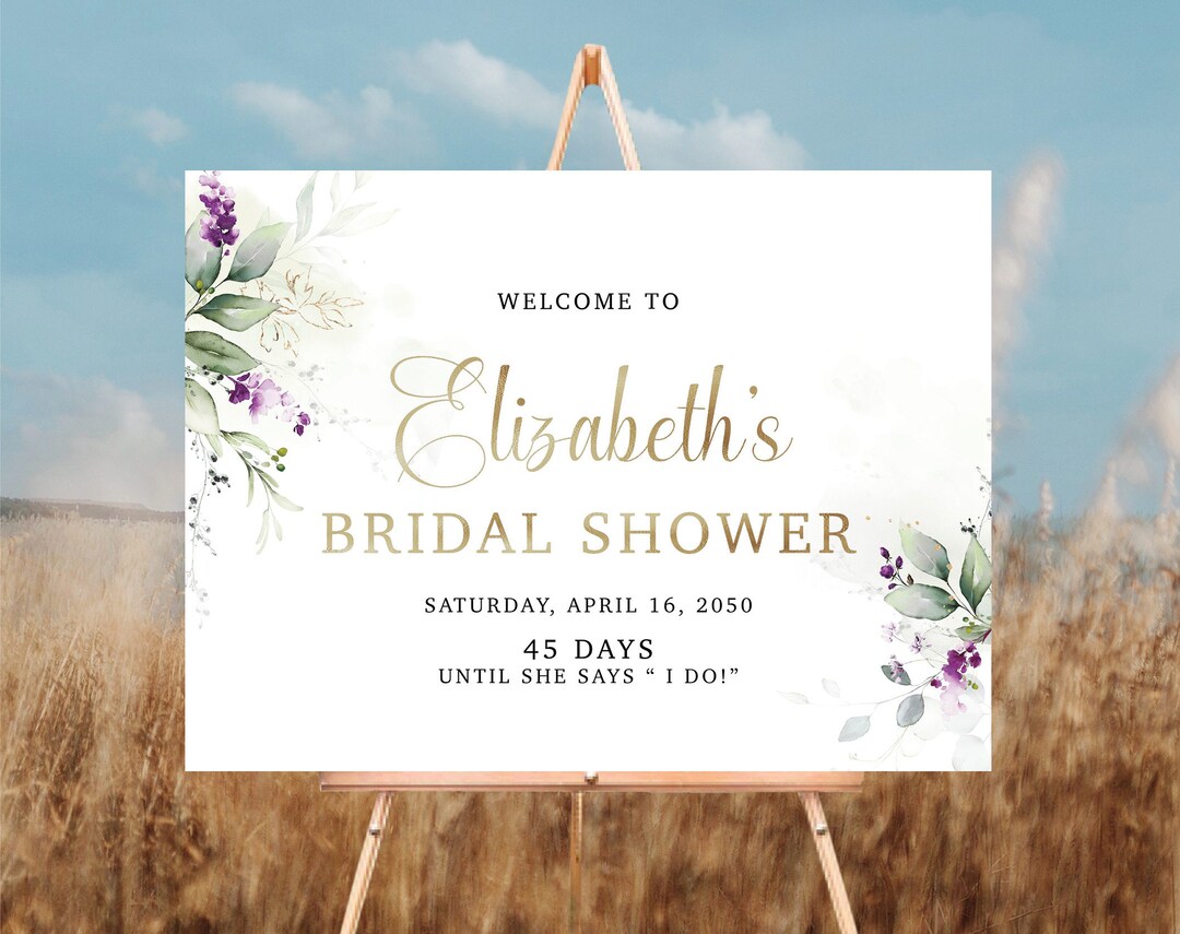 Greenery Purple Bridal Shower Welcome Sign, Green Lavender Wedding ...