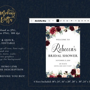 Burgundy and Navy Bridal Shower Welcome Sign Template, Bridal Brunch ...