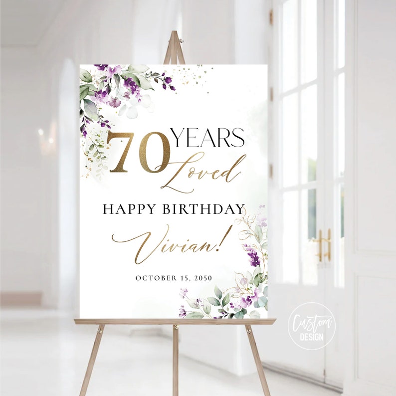 Purple Floral 70th Birthday Party Welcome Sign, Lavender Flowers ...