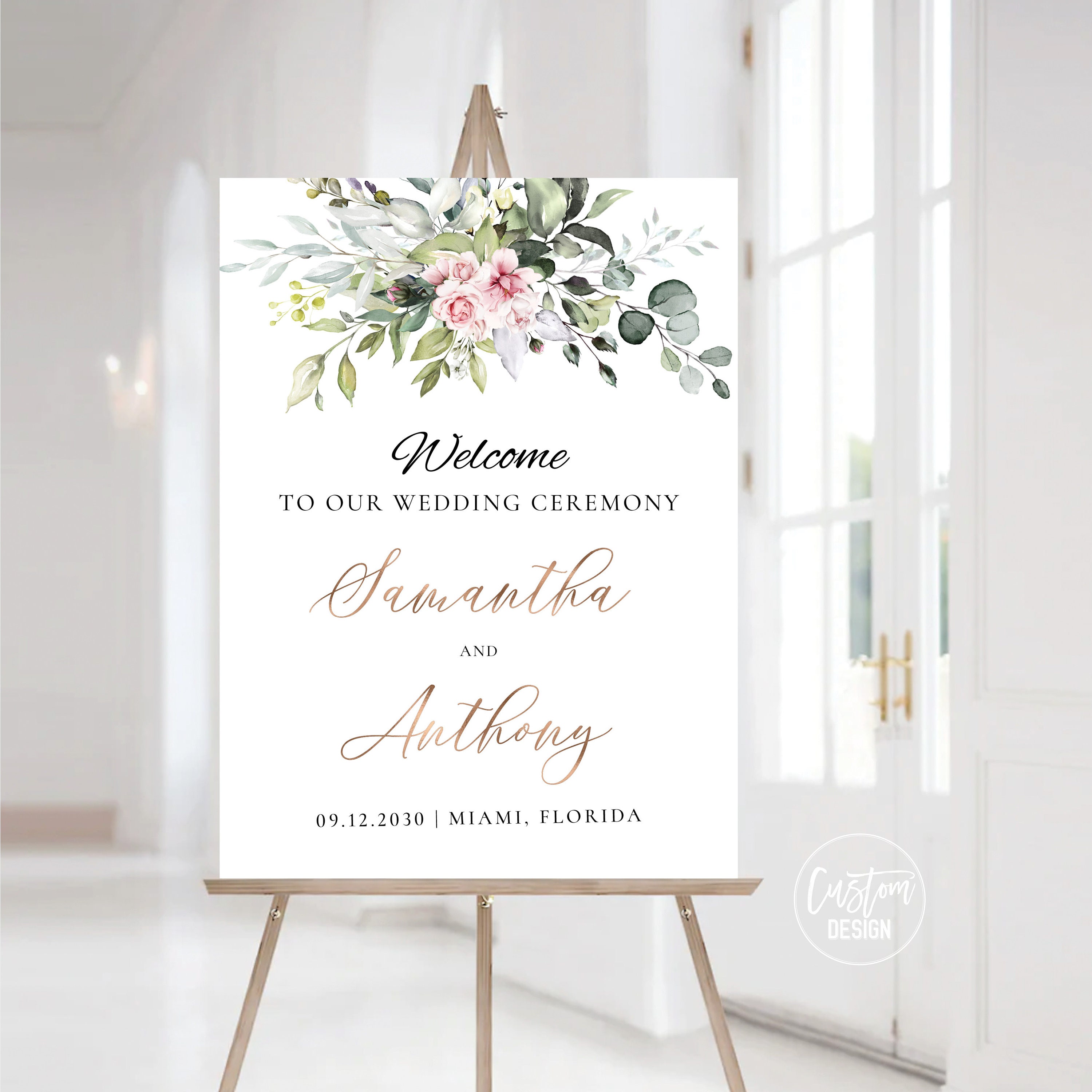 Custom Design, Blush Greenery Wedding Ceremony Welcome Sign, Wedding ...