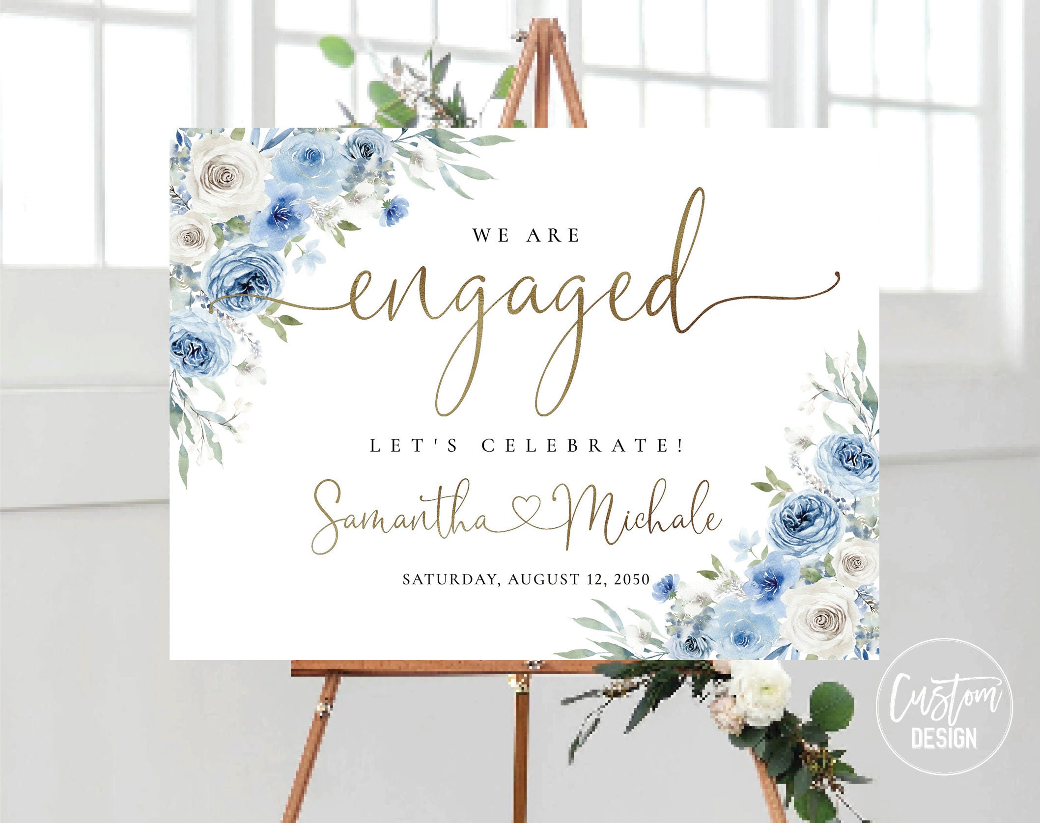 Dusty Blue Ivory We Are Engaged Sign, Bohemian Engagement Party Sign ...
