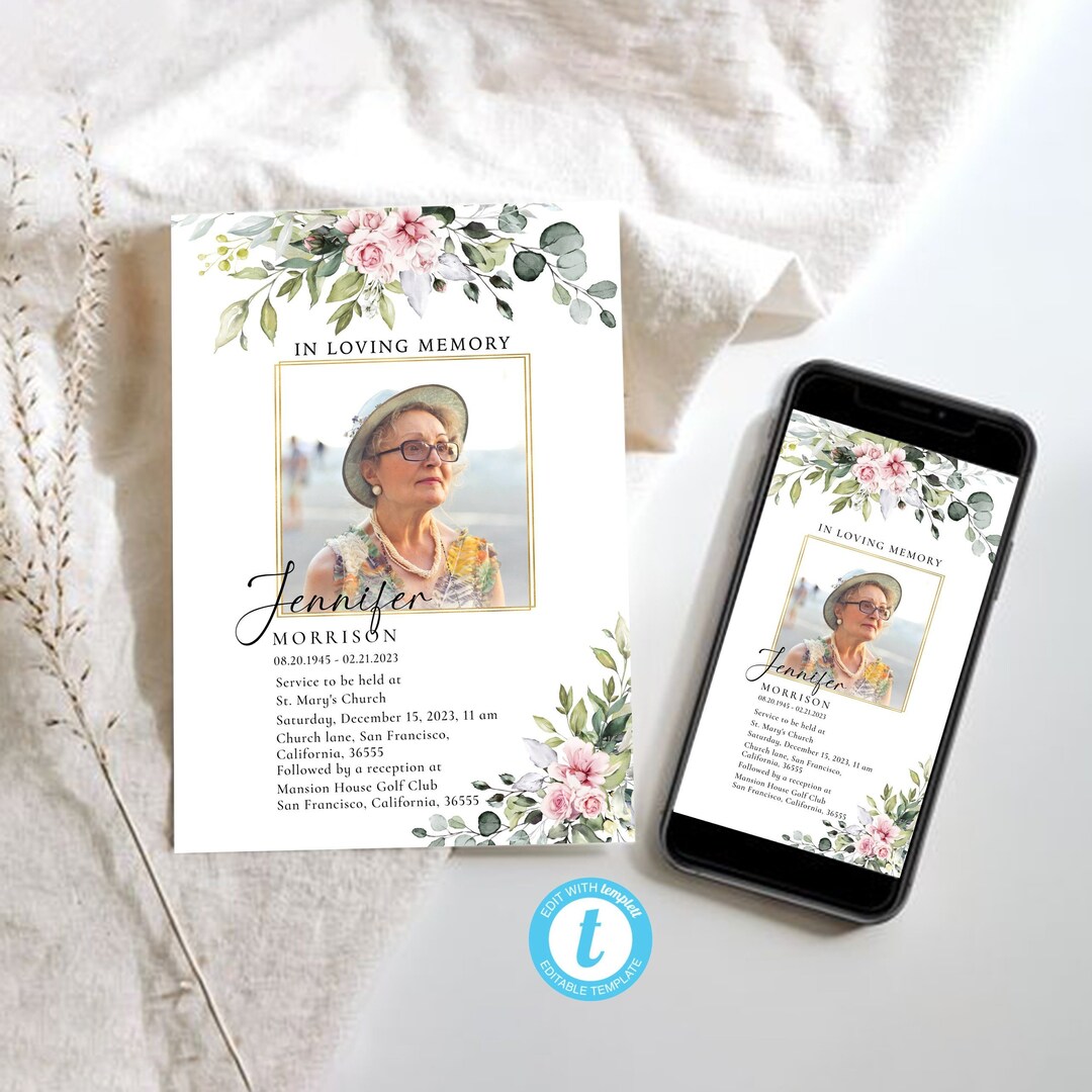 Plantilla de invitación al funeral de Greenery Blush Pink - Etsy España