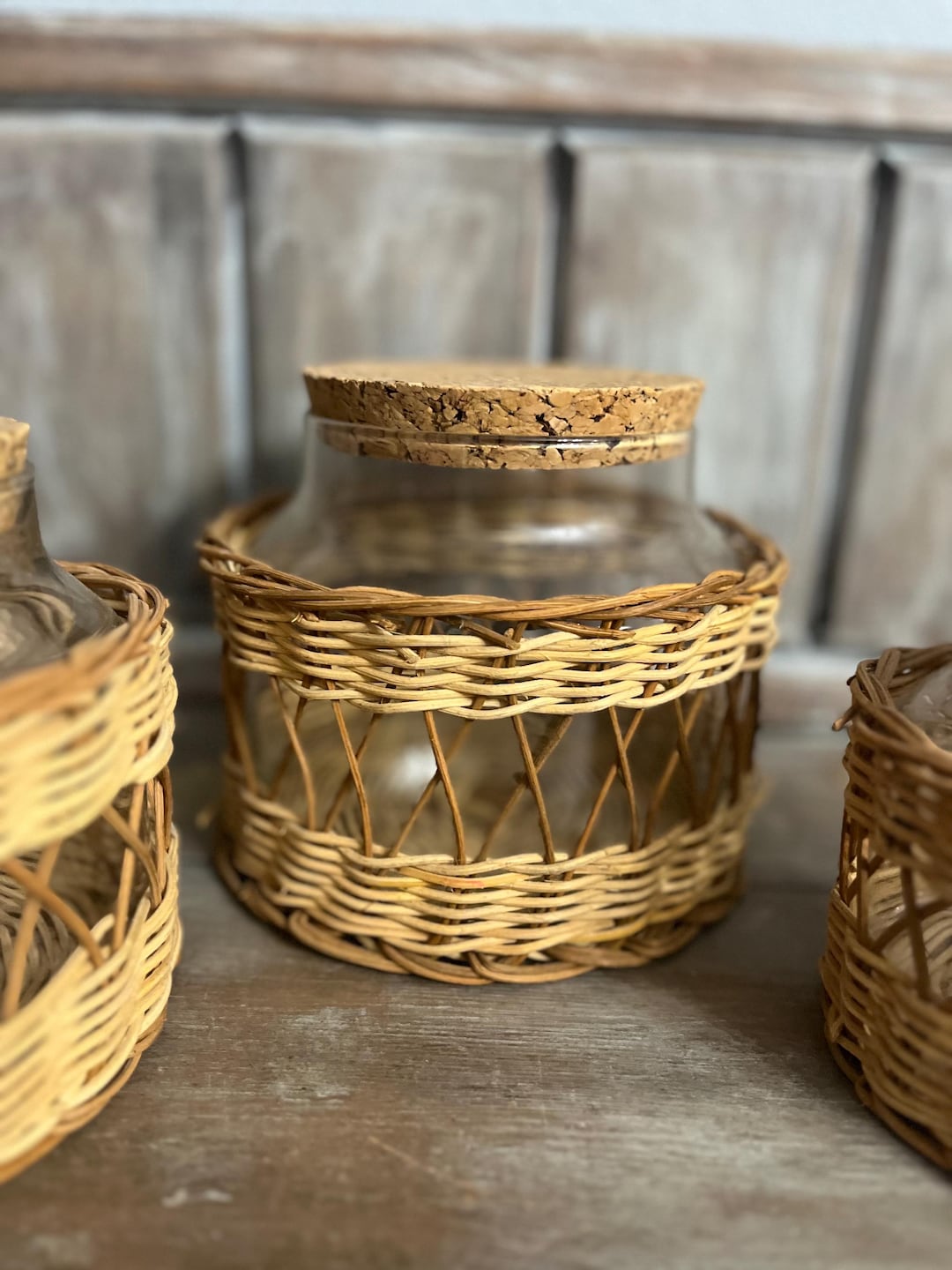 Vintage Wicker Glass Canister Set of 3 | Boho Farmhouse Kitchen ...