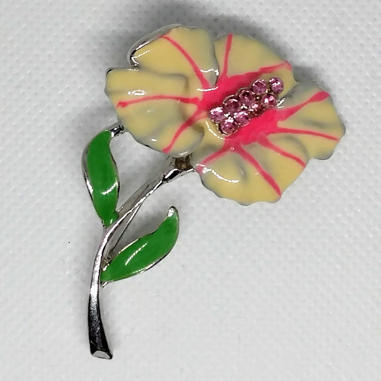 Hibiscus Flower Brooch Vintage Enameled Pin With Rhinestones Pale ...