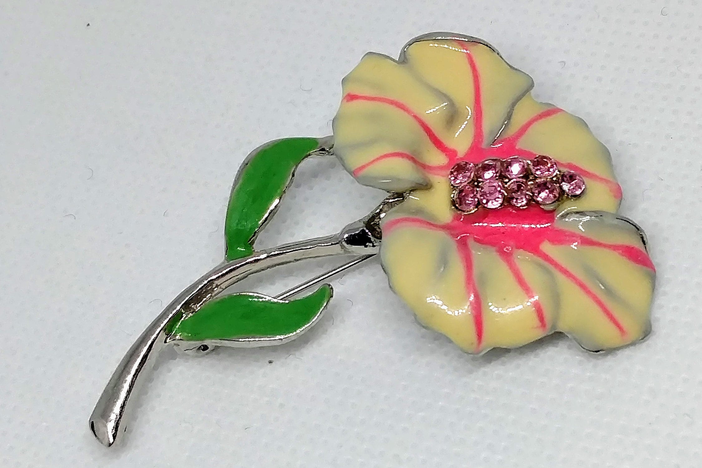 Hibiscus Flower Brooch Vintage Enameled Pin With Rhinestones Pale ...