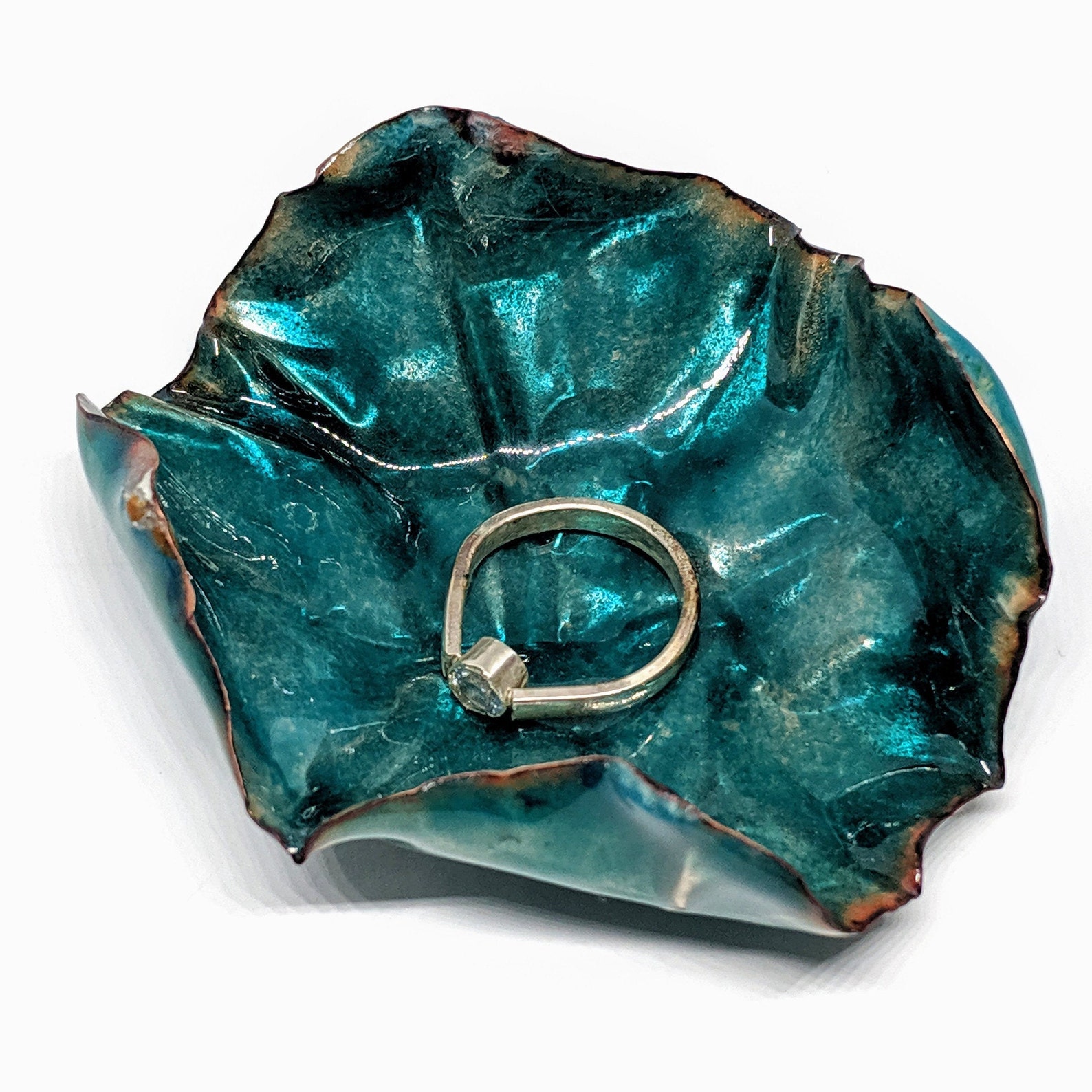 Blue Green Enamel Ring Bowl, Form Folded OOAK Decorative Trinket Dish ...