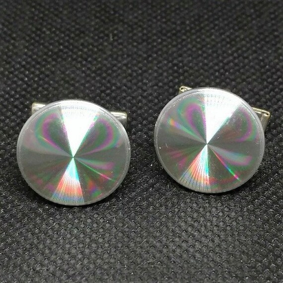 1960s Vintage Iridescent Prism Rainbow Disc Cufflinks… - Gem