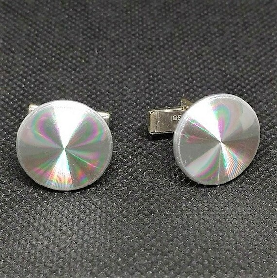 1960s Vintage Iridescent Prism Rainbow Disc Cufflinks… - Gem