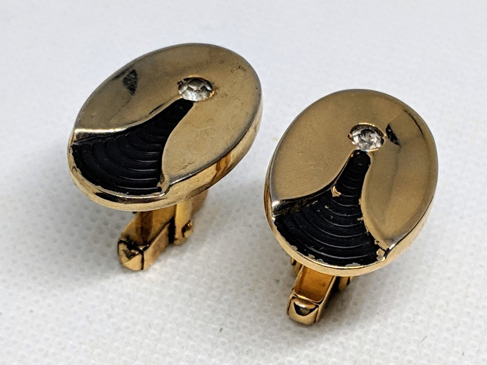 1940s Anson Modernist Black & Gold Tone Cufflinks With Clear Rhinestone ...