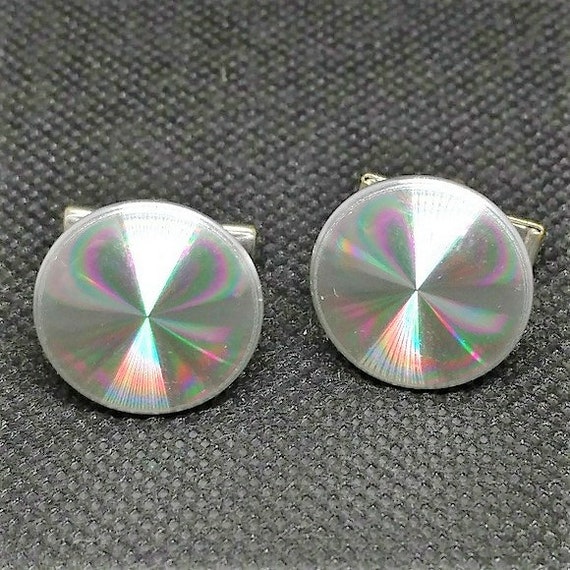 1960s Vintage Iridescent Prism Rainbow Disc Cufflinks… - Gem
