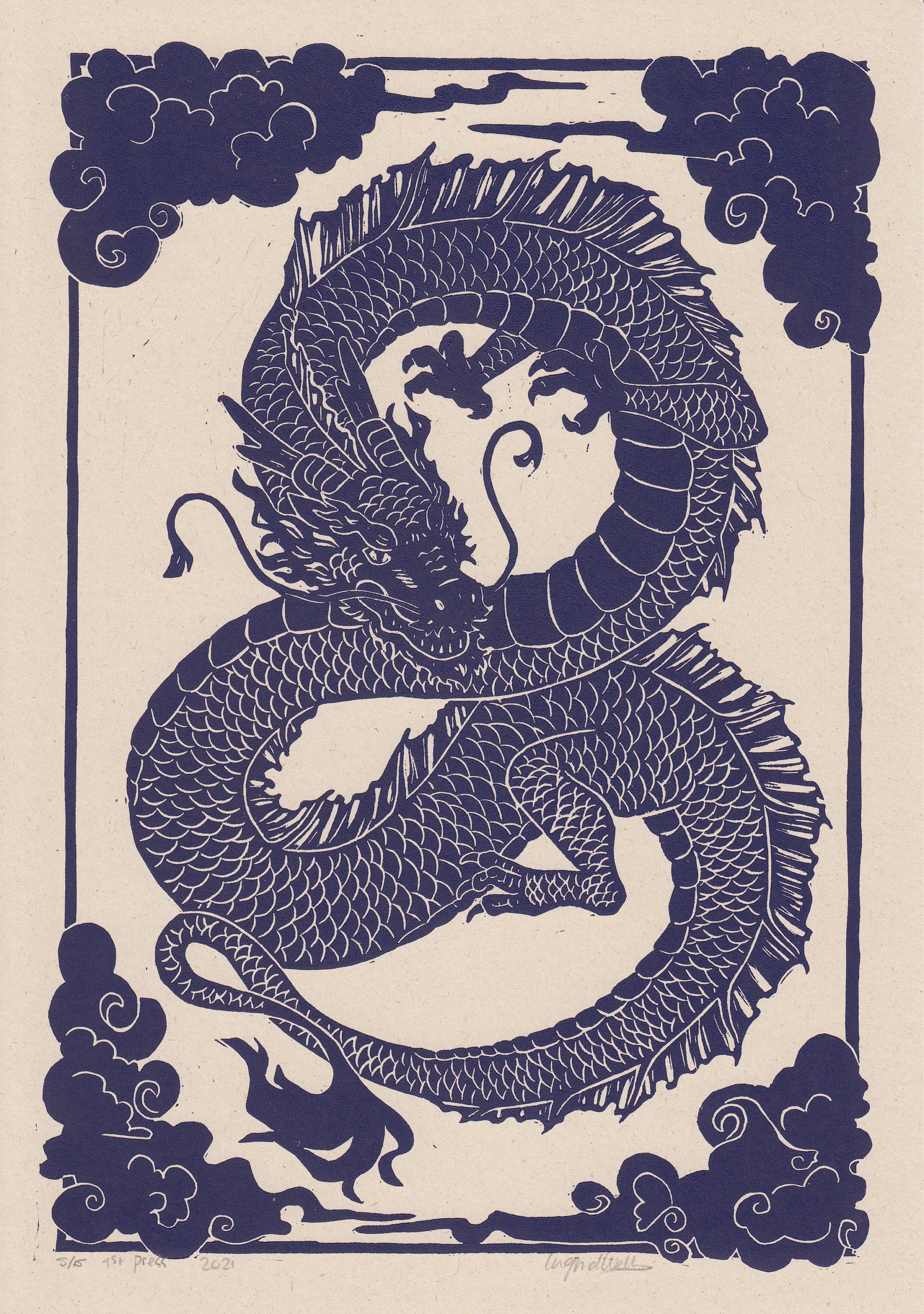 Chinese Water Dragon / Original Blockprint / A4 - Etsy