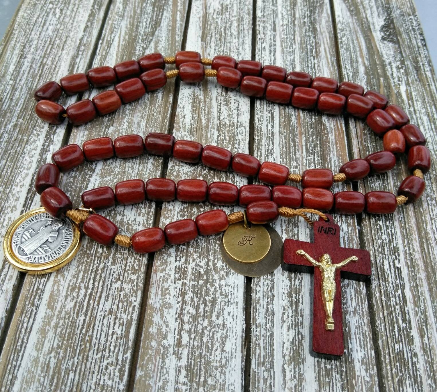 Cherry Wood Rosary: Personalized St. Benedict Medal, Baptism Gift - Etsy