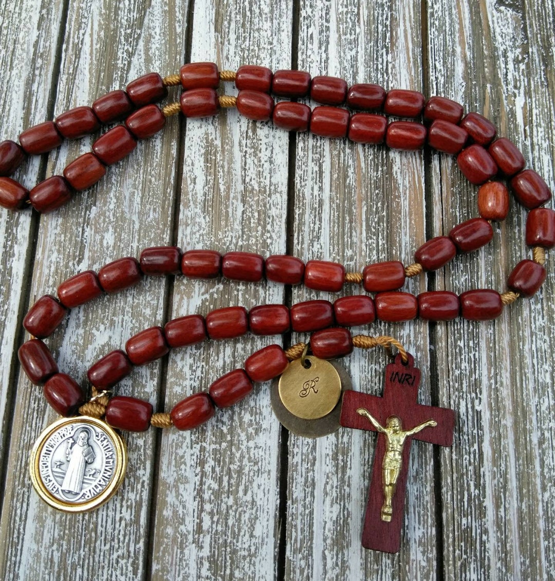 Cherry Wood Rosary: Personalized St. Benedict Medal, Baptism Gift - Etsy