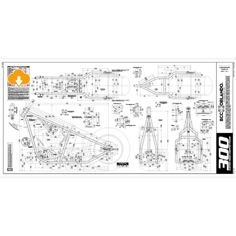 300 RIGID / Custom Chopper Motorcycle Rigid Frame, Blueprint, Plan ...
