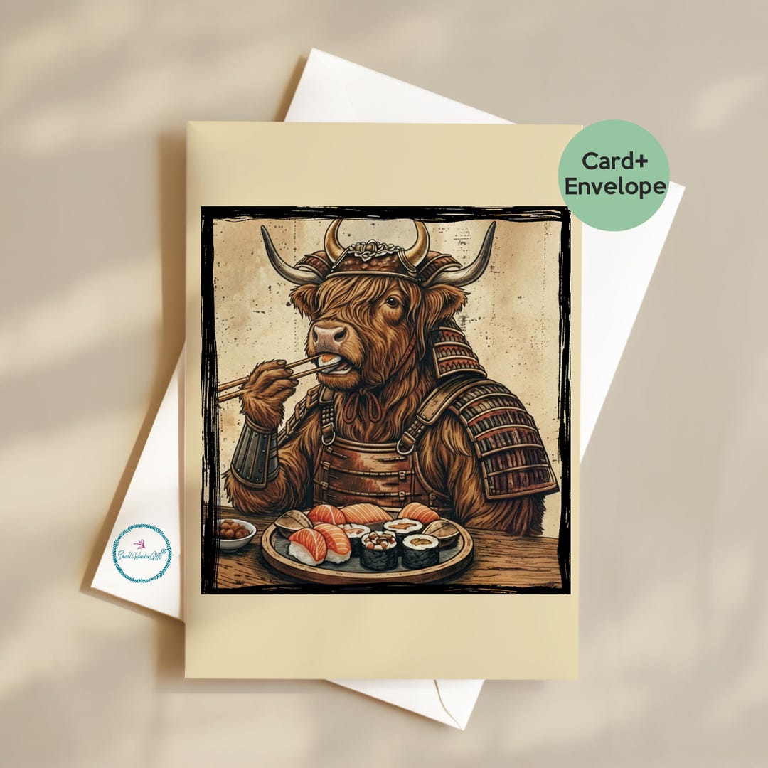 Sushi Birthday Card Highland Cow Japanese Greeting Funny Samurai ...