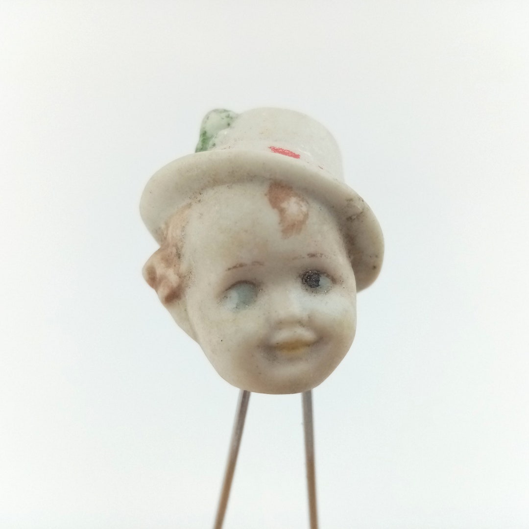 Antique Nodder Doll Head, Boy With Hat, Dollhouse Doll Head, Bisque ...