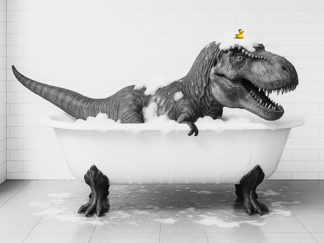 T-rex Bubble Bath Printables | Kids Bathroom Wall Art With Dino Feet ...