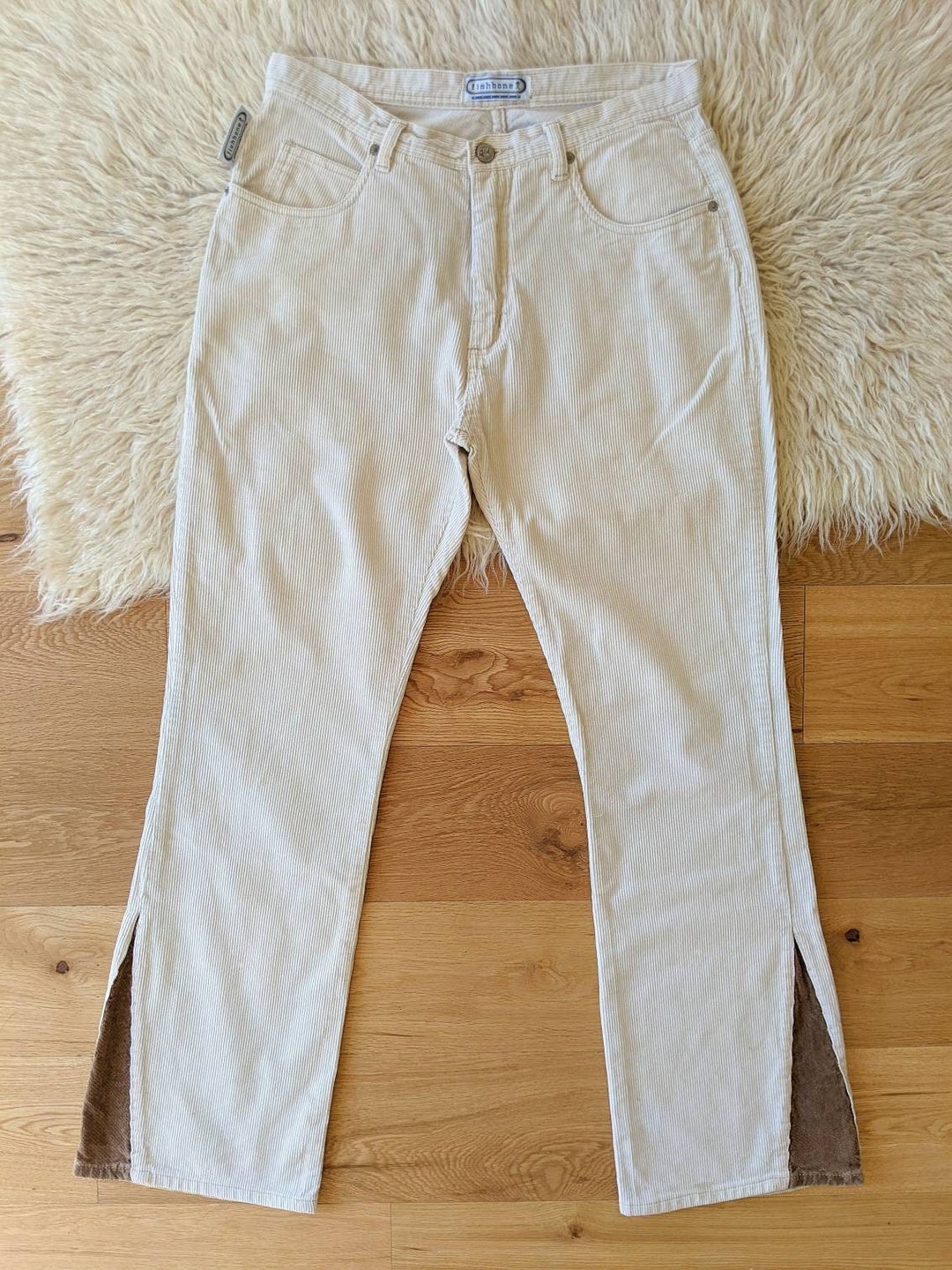 Beige Fishbone Corduroy Trousers, Flared Velvet Leg Jeans Vintage From ...