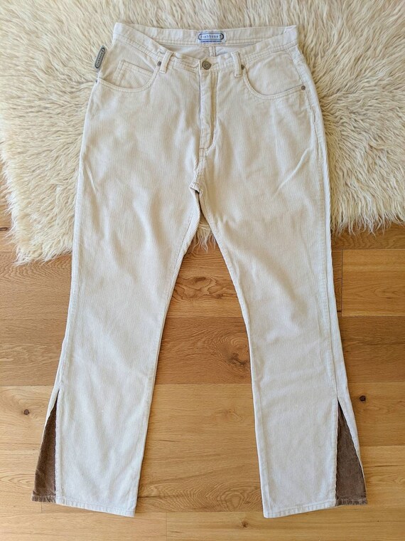 Beige Fishbone corduroy trousers, flared velvet leg j… - Gem