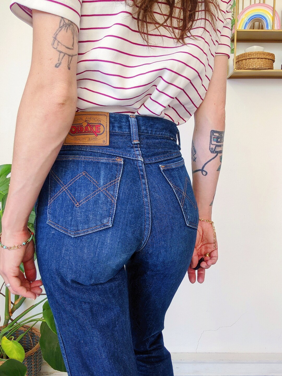 Raw Blue Denim Jeans, Straight Cut Cotton Pants With Large Cuffs ...