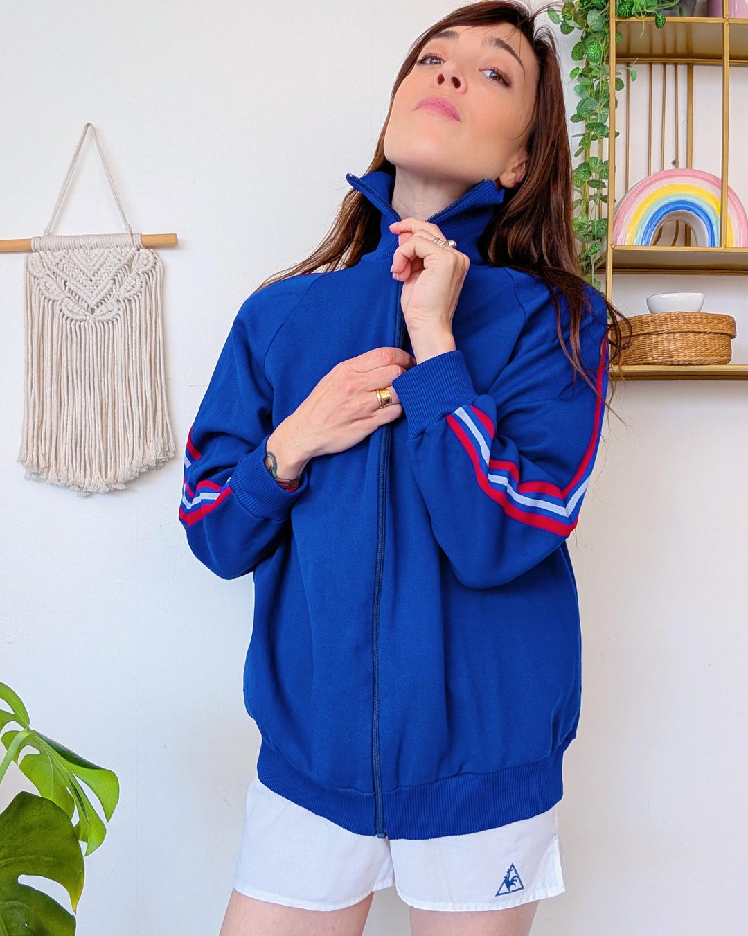 Royal Blue Track Jacket With White and Red Stripes, Unisex Zip-up ...
