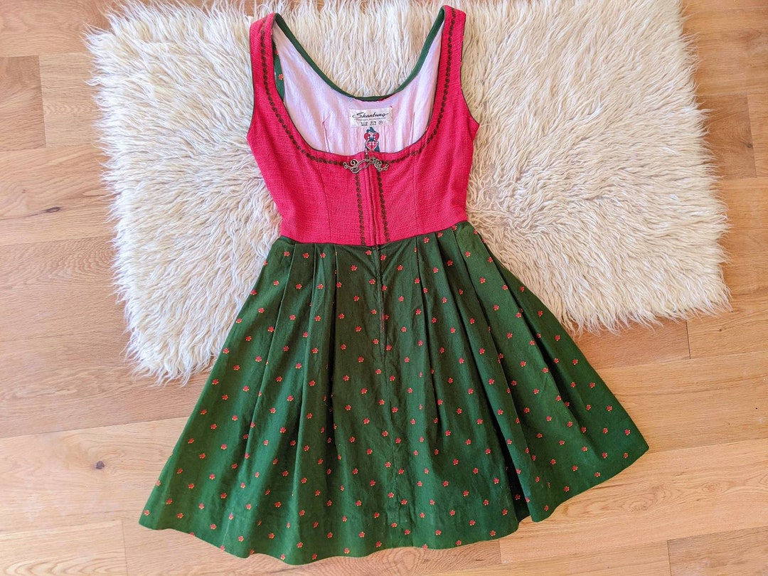 Austrian Tyrol Folk Dress in Green and Red Linen and Cotton Vintage ...