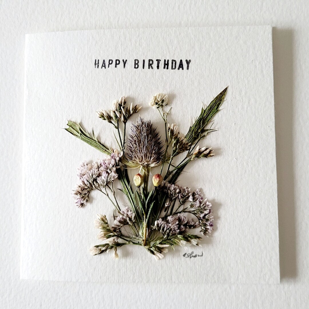 Handmade Happy Birthday 'thistle and Purple Statice' Pressed Flower ...