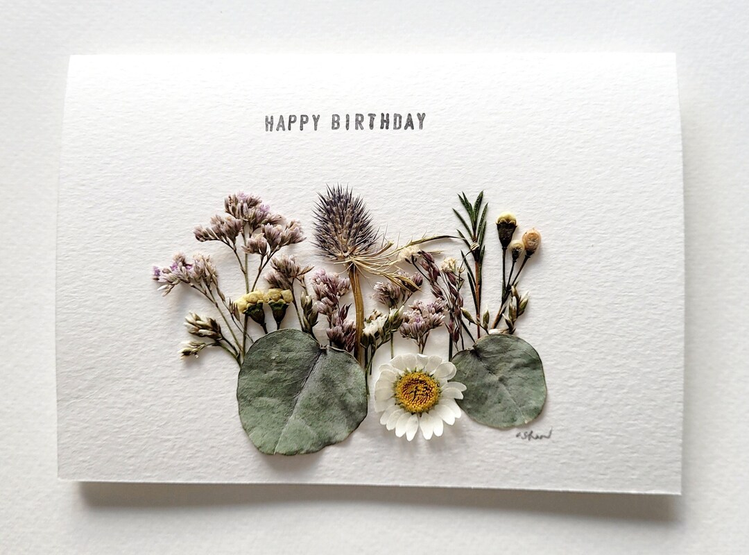 Handmade Happy Birthday 'thistle and Daisy' Pressed Flower Greeting ...