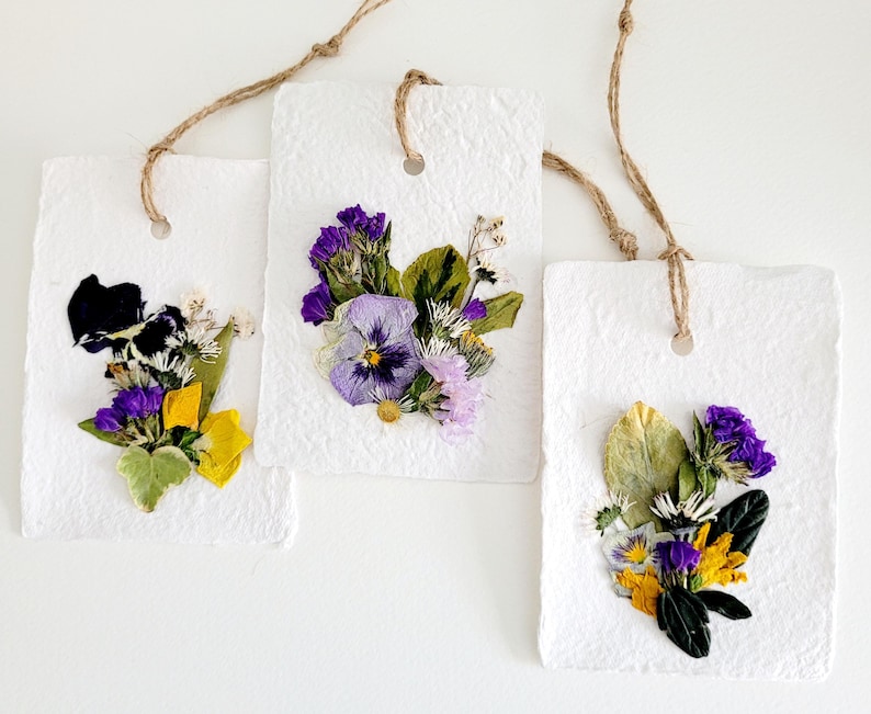 Handmade Paper Pressed Flower Gift Tags - Set of 3 - Purple Statice ...