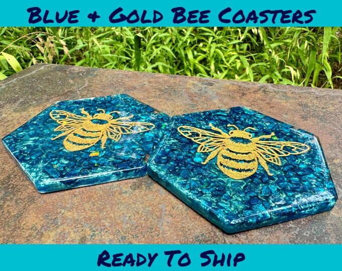 Blue & Gold Bee Honeycomb Coasters - READY TO SHIP - Hexagon Coasters ...