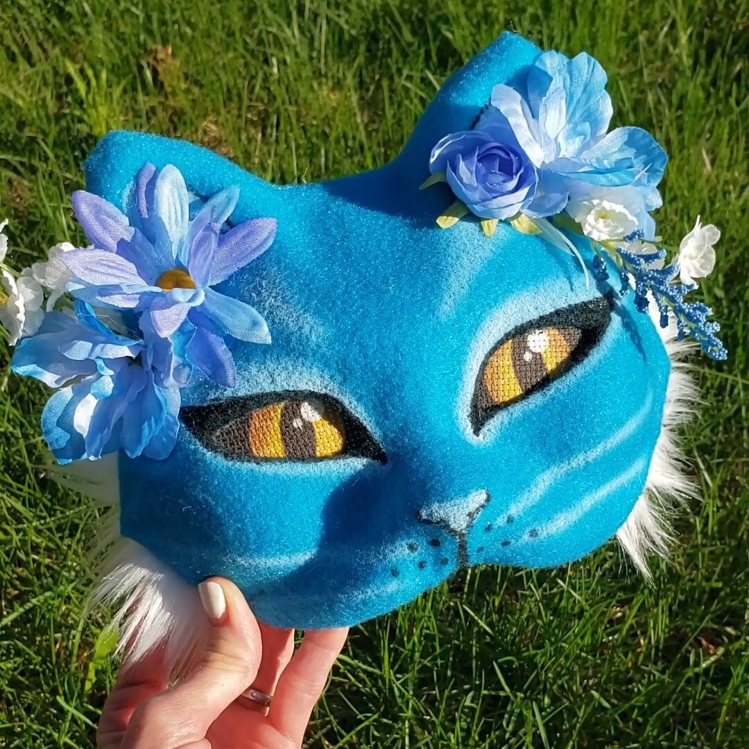 Floral Felted Therian Mask Cat Mask Kids Dress up Costume Blue Flower ...
