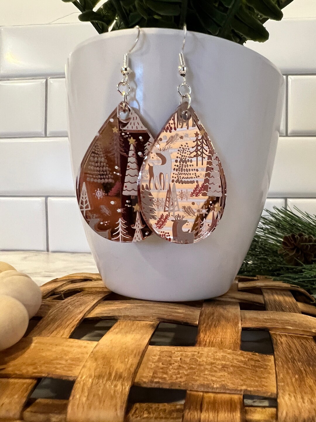 Rose Gold Mirrored Winter Scene Teardrop Acrylic Earrings - Etsy