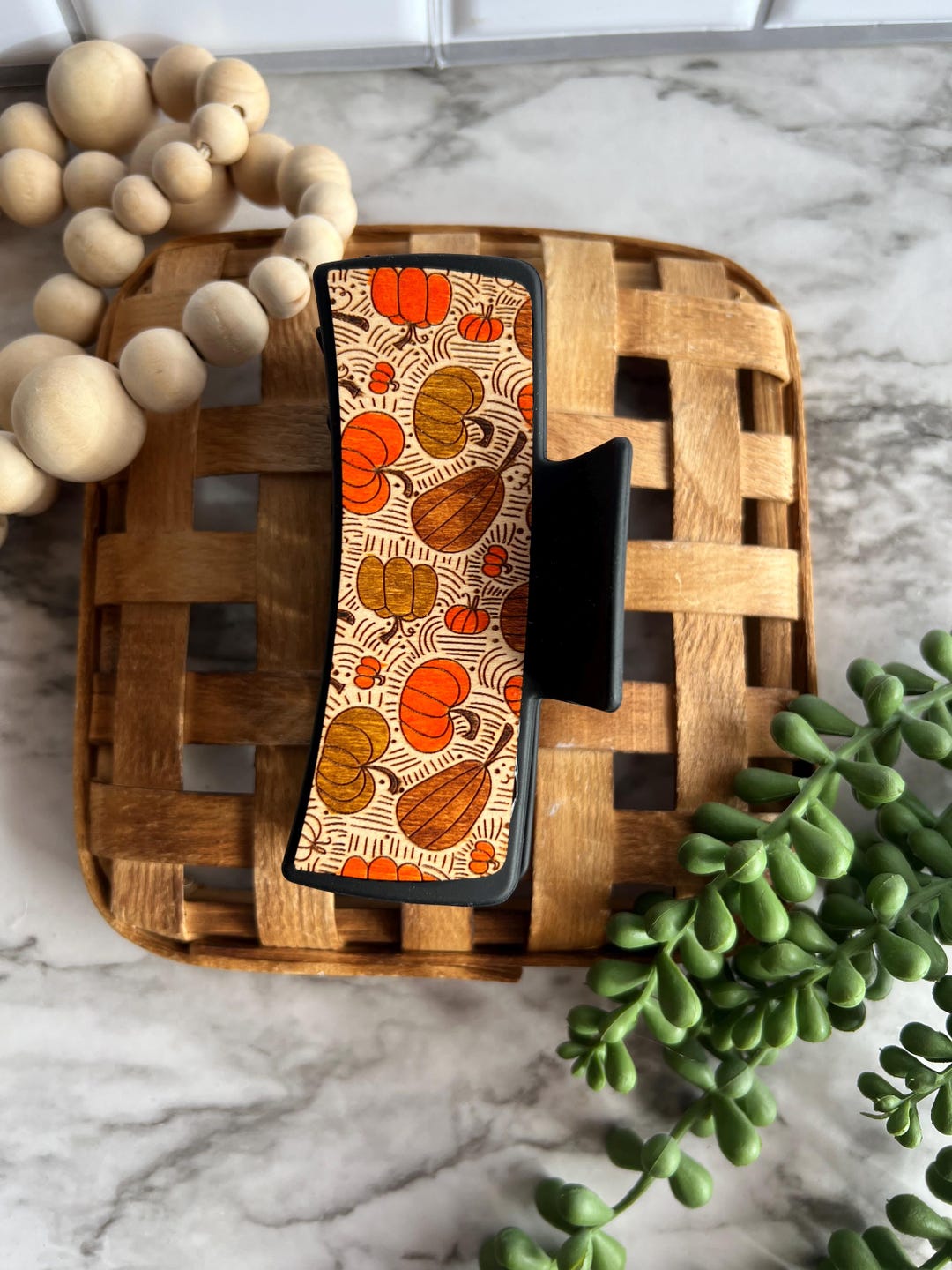 Pumpkin Large Hair Claw Clip, Fall Hair Clip, Wooden Overlay Claw Clips ...