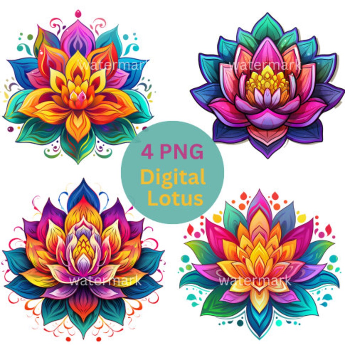 Psychedelic Lotus, Psychedelic Flower PNG Bundle of 4 Sublimation Wall ...