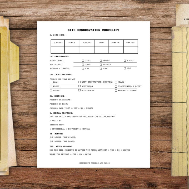 Printable Site Observation Checklist | Anomalous Field Record ...