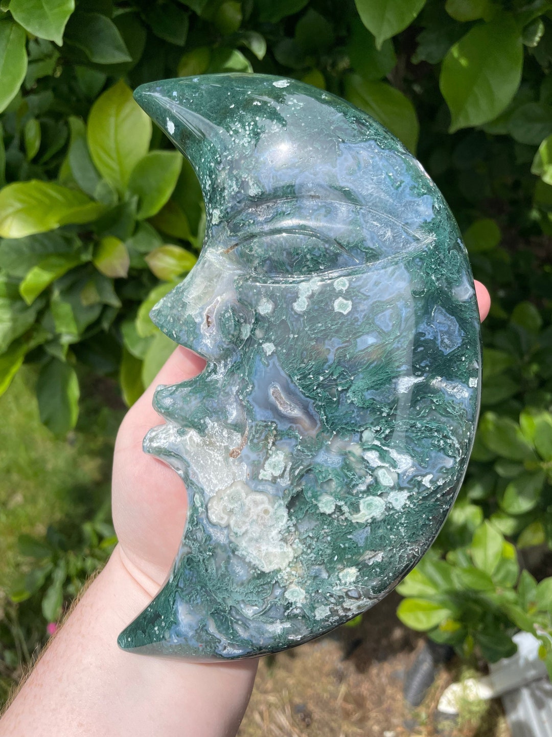 X Large Moss Agate Moon Face, Moss Agate Moon Face Carving, Moss Agate ...
