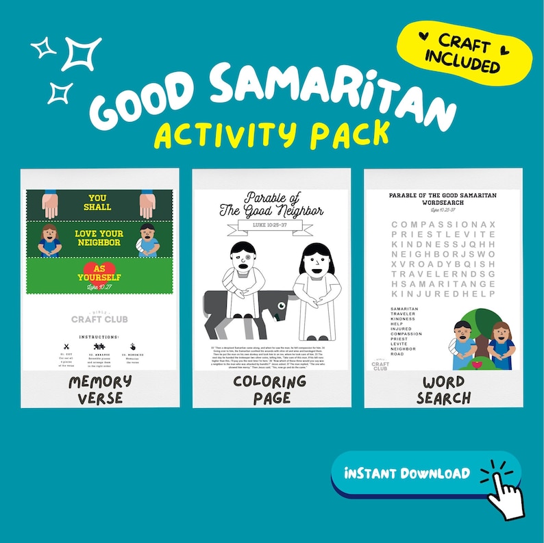 GOOD SAMARITAN PARABLE Activity Pack for Kids Memory Verse Printable ...