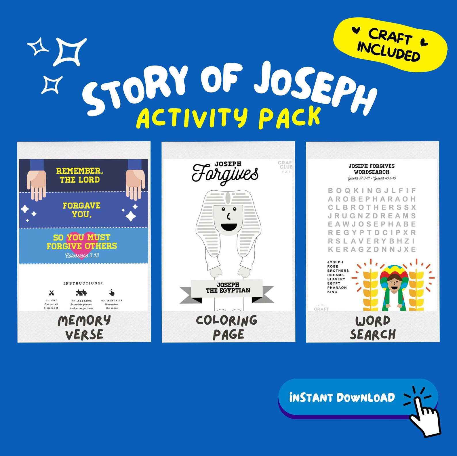 STORY OF JOSEPH Activity Pack for Kids Memory Verse Printable Word ...