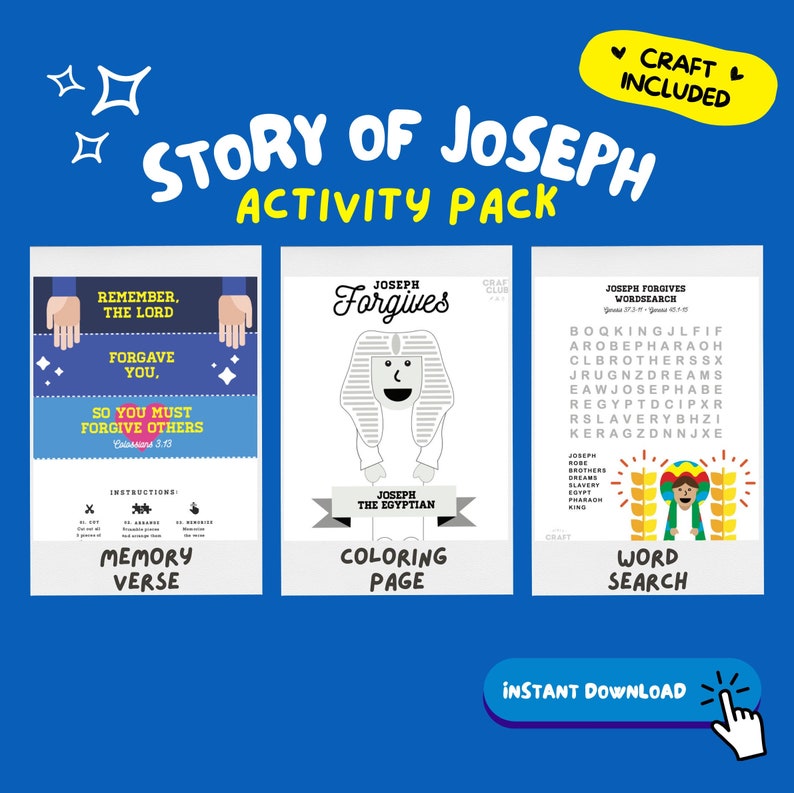 STORY OF JOSEPH Activity Pack for Kids Memory Verse Printable Word ...