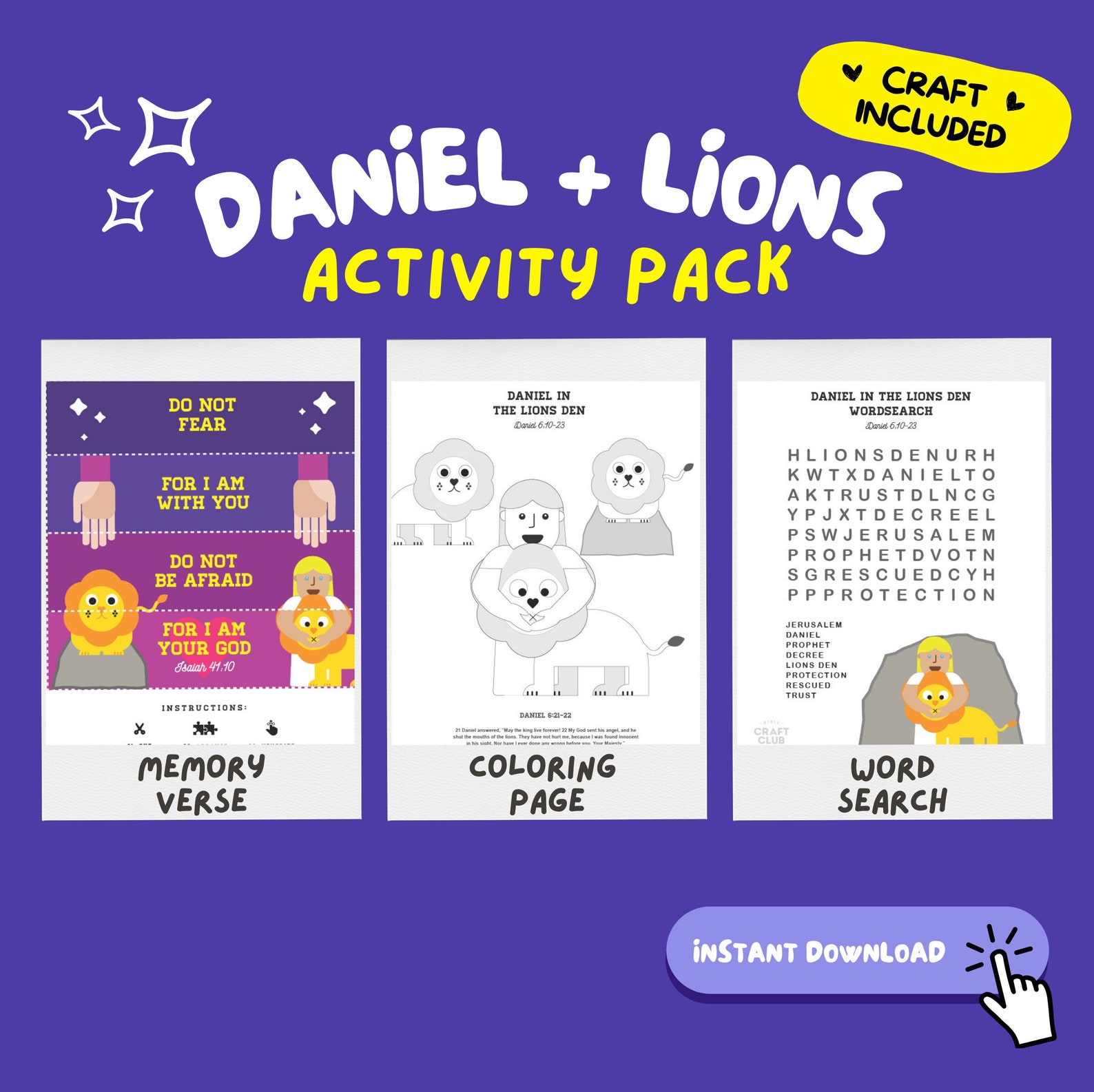 DANIEL LIONS DEN Activity Pack for Kids Memory Verse Printable Word ...