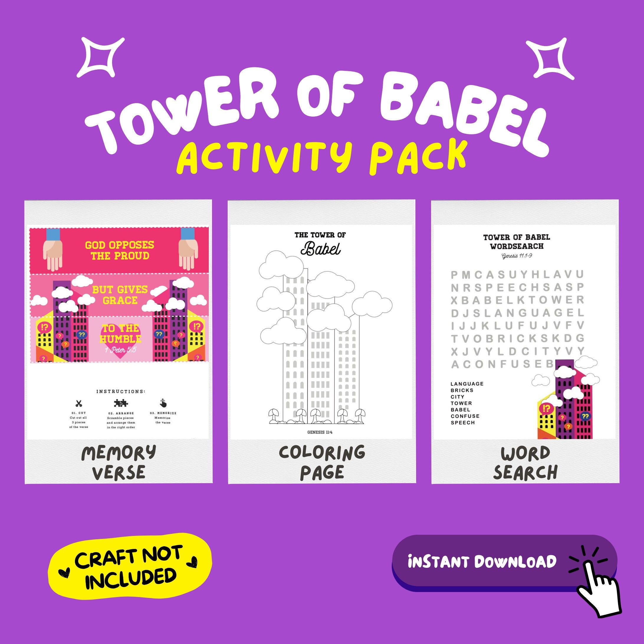 TOWER OF BABEL Activity Pack for Kids Memory Verse Printable Word ...